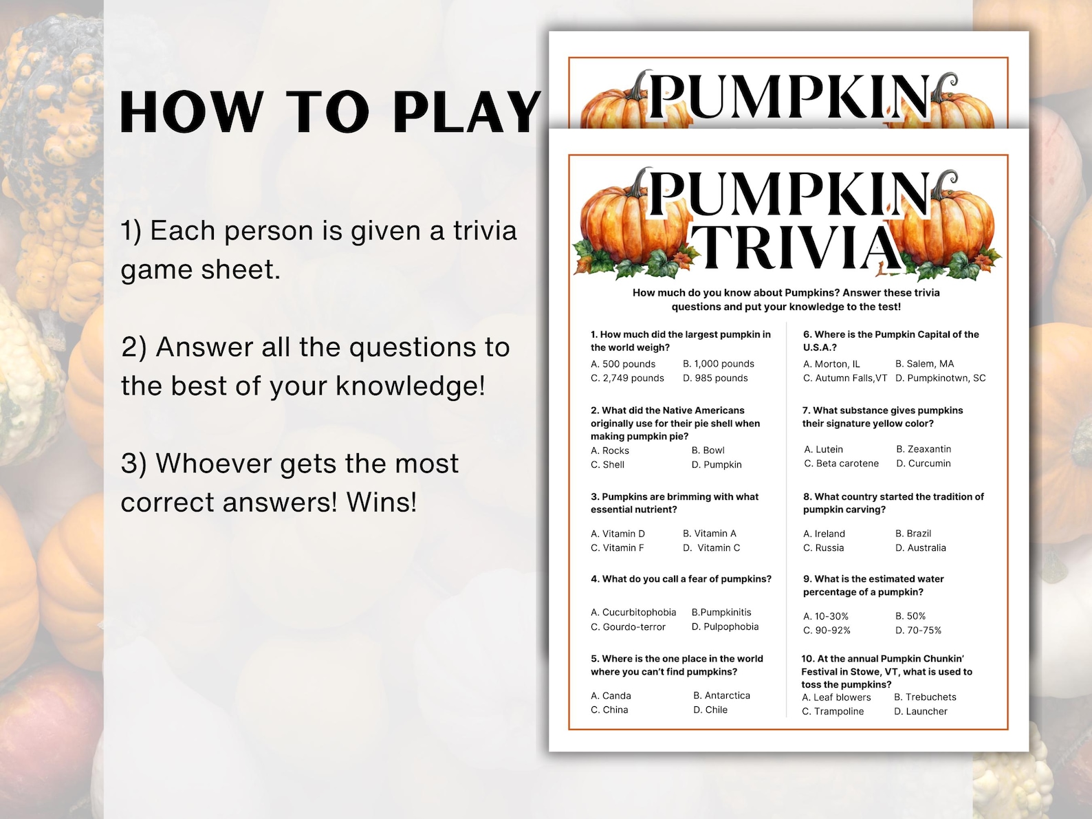 Pumpkin Trivia Game, Fall Trivia Game, Autumn Printable Games, Office ...