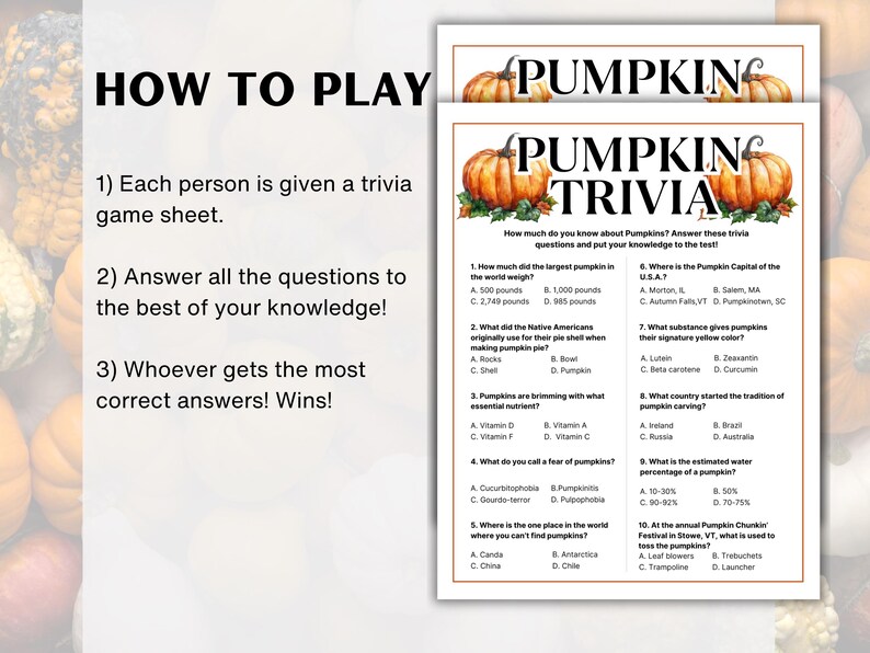 Pumpkin Trivia Game, Fall Trivia Game, Autumn Printable Games, Office ...