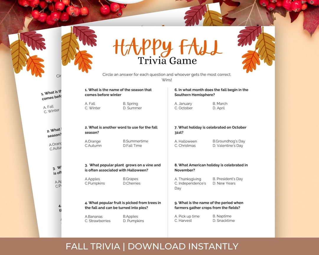 Happy Fall Trivia Printable Game Autumn Trivia Game With - Etsy