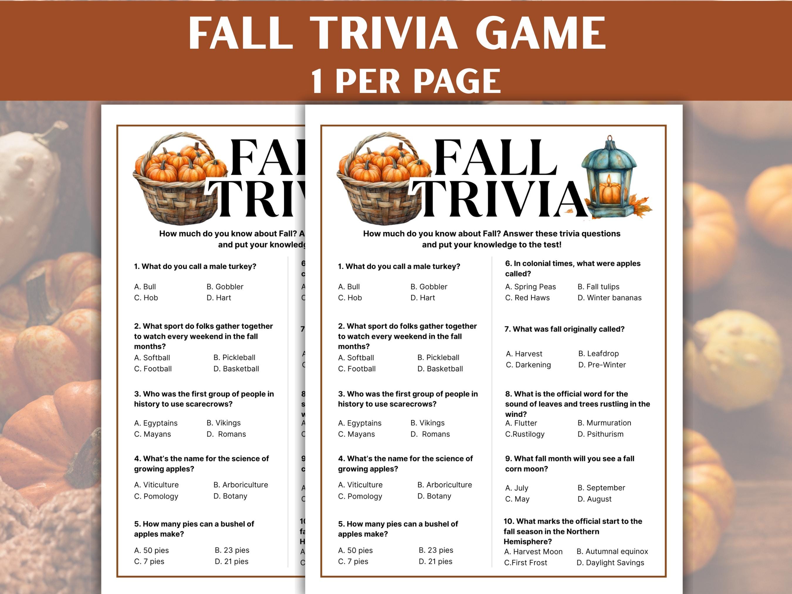 Fall Trivia Game, Autumn Printable Games, Fall Printable Games, Fall ...