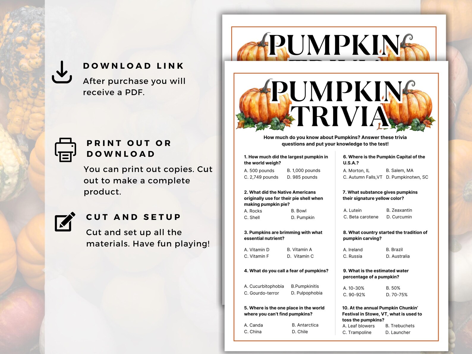 Pumpkin Trivia Game, Fall Trivia Game, Autumn Printable Games, Office ...
