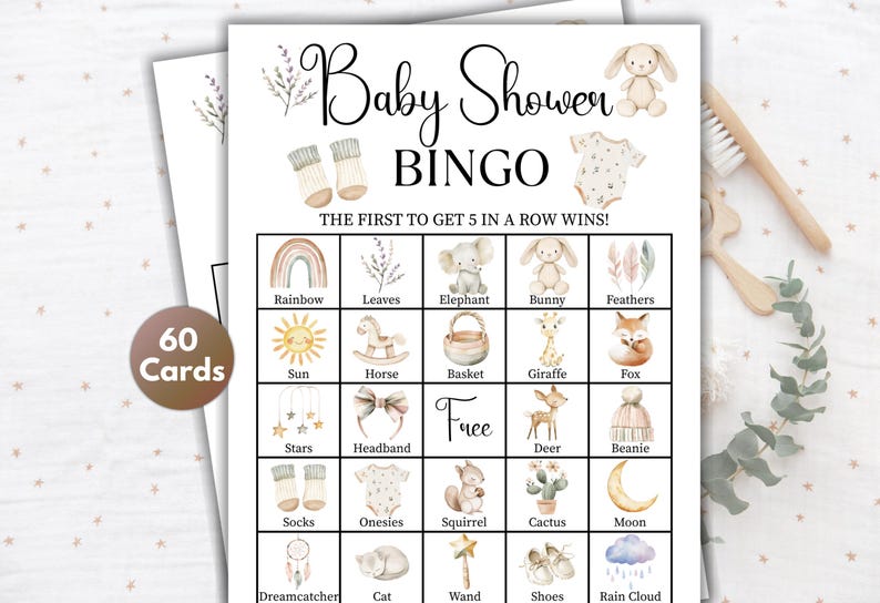 60 Boho Baby Shower Bingo Cards, Watercolor Baby Bingo Game, Baby ...