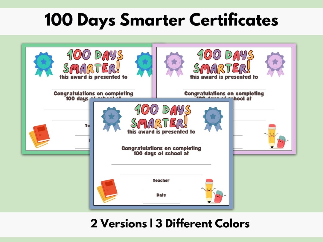 100 Days Smarter Certificate | 100th Day of School Printable ...
