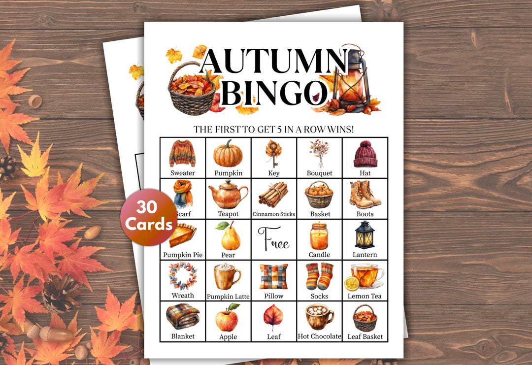 30 Autumn Bingo Cards, Fall Printable Games, Fall Game, Autumn Activity ...