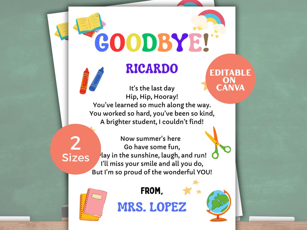End of the Year Poem From Teacher | Last Day of School Graduation Gift ...