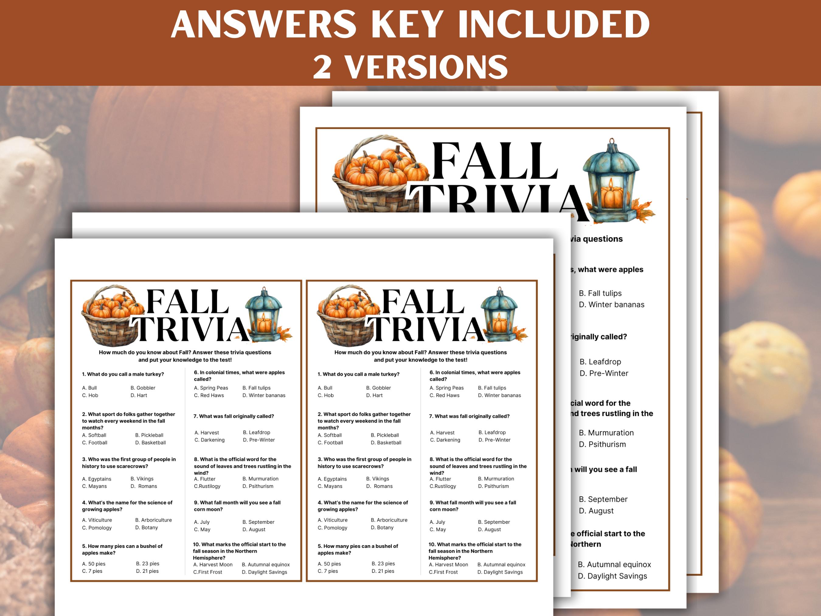 Fall Trivia Game, Autumn Printable Games, Fall Printable Games, Fall ...