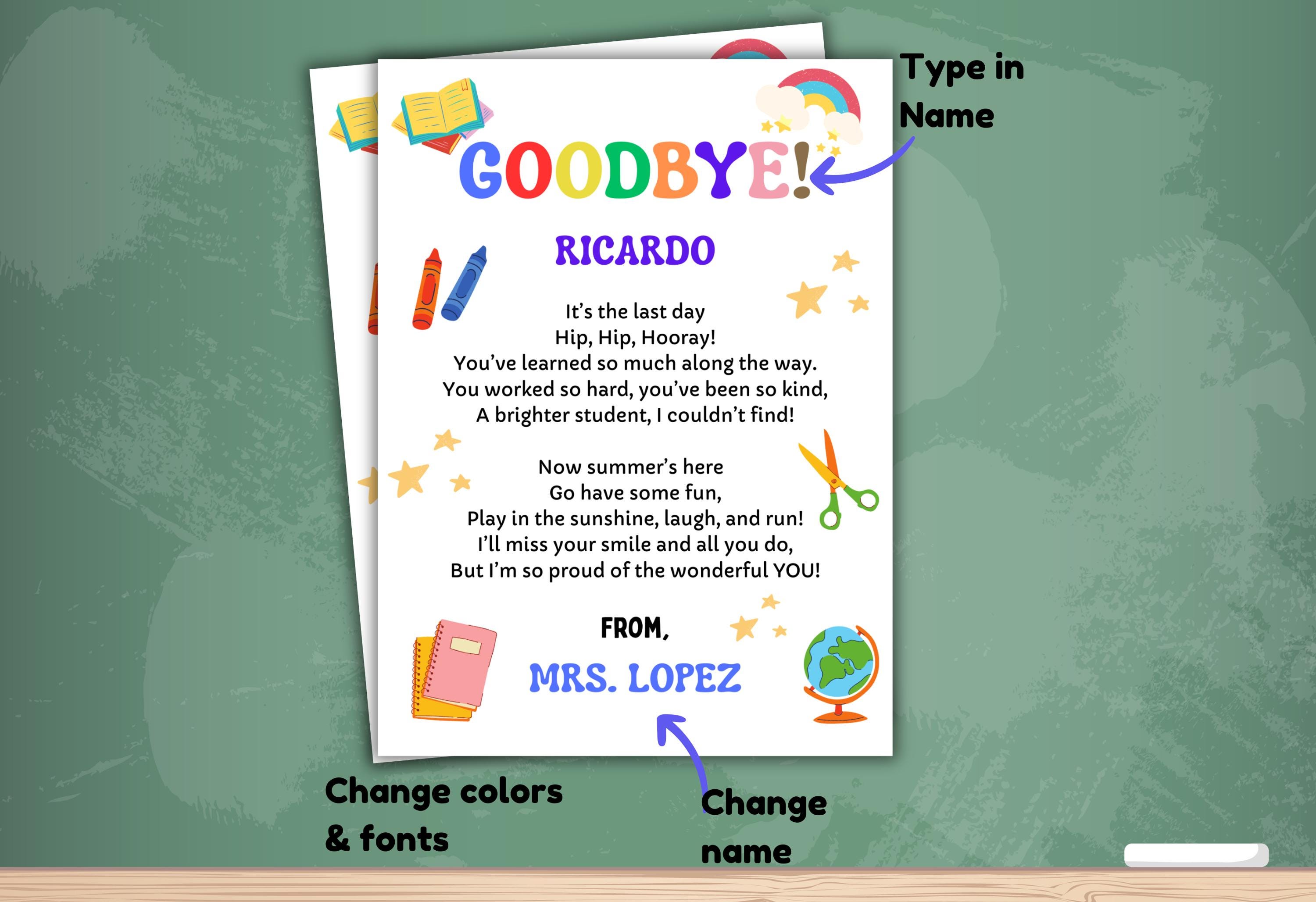 End of the Year Poem From Teacher | Last Day of School Graduation Gift ...
