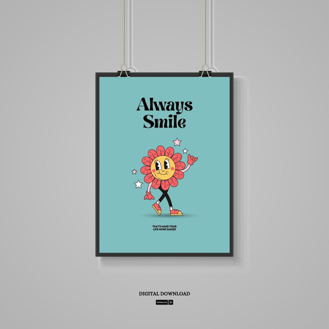 Always Smiling Retro Wall Art, Smiling Face Art, Retro Illustration ...