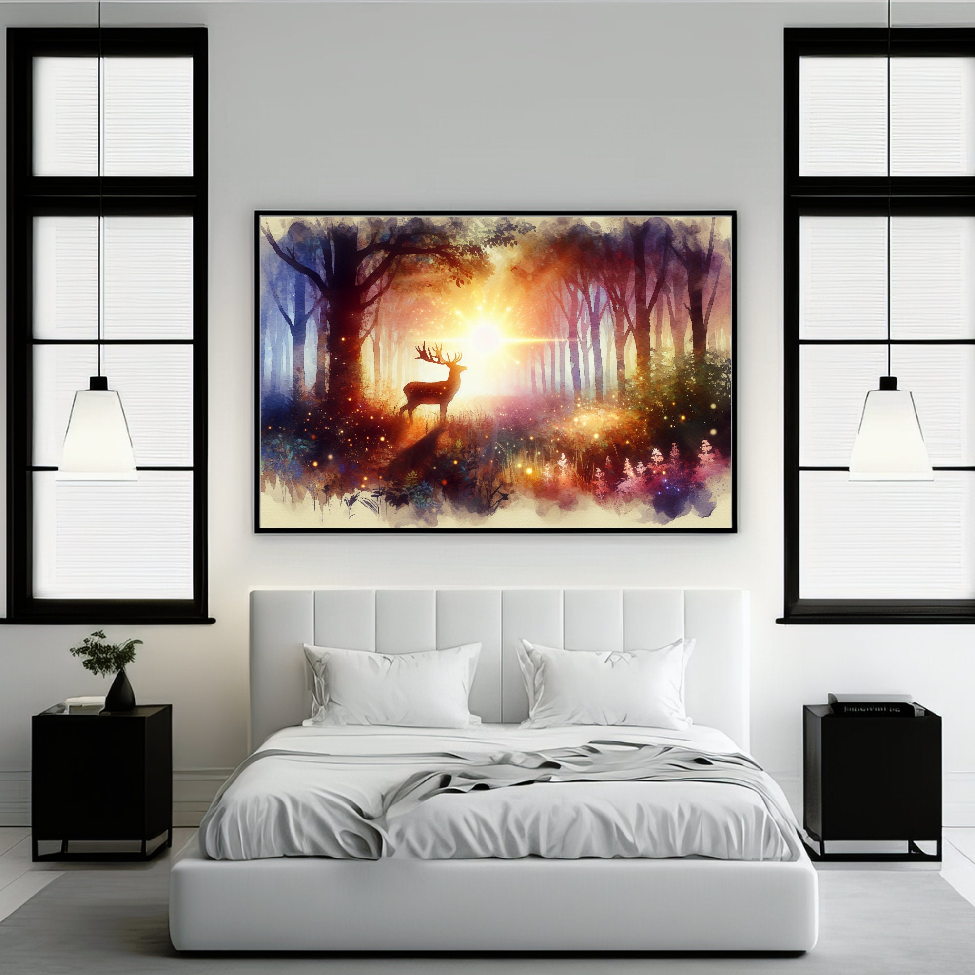 Watercolor Deer in Forest Painting, Watercolor Forest Painting ...