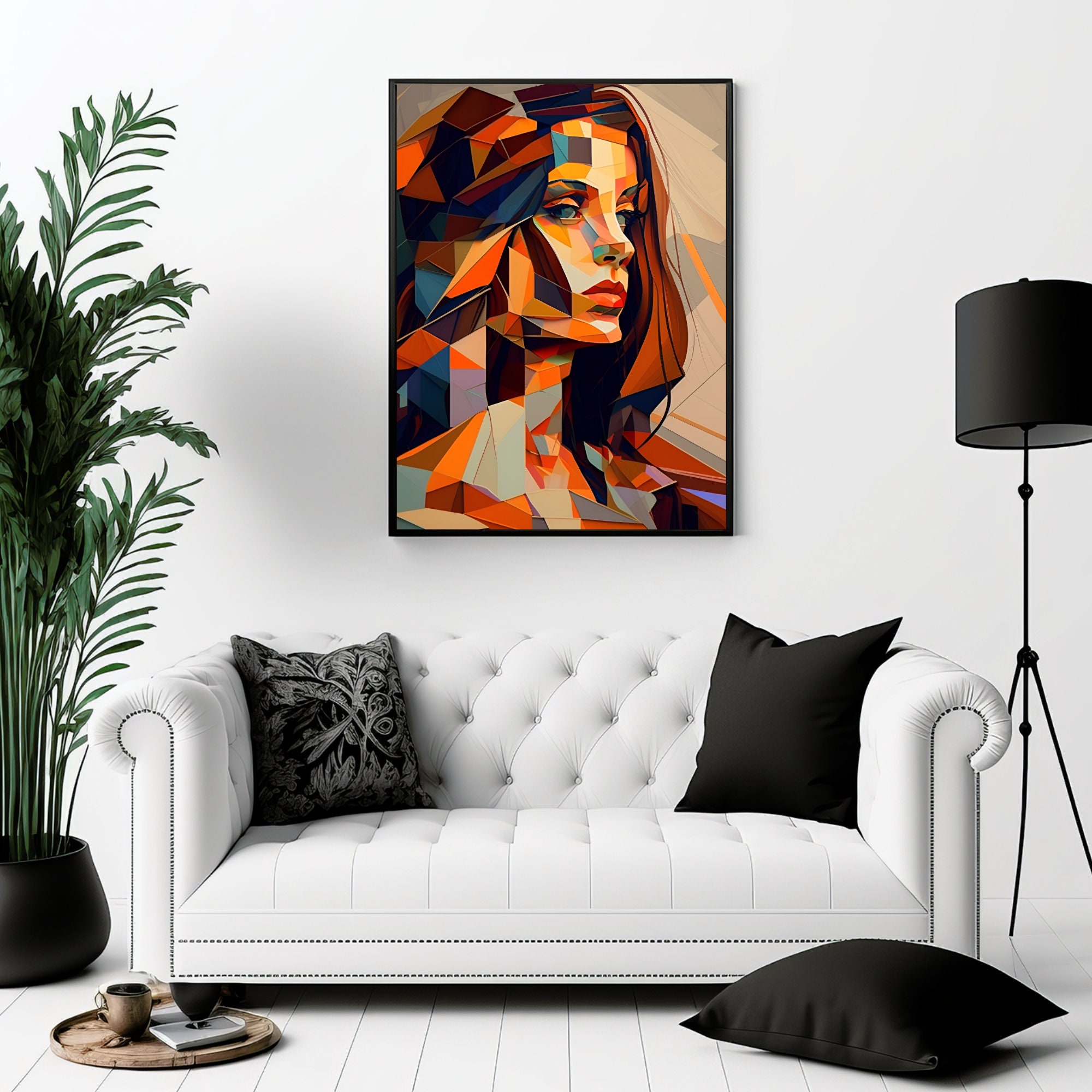 Abstract Cubism Woman's Face Portrait Wall Decor, Digital Download, Red ...