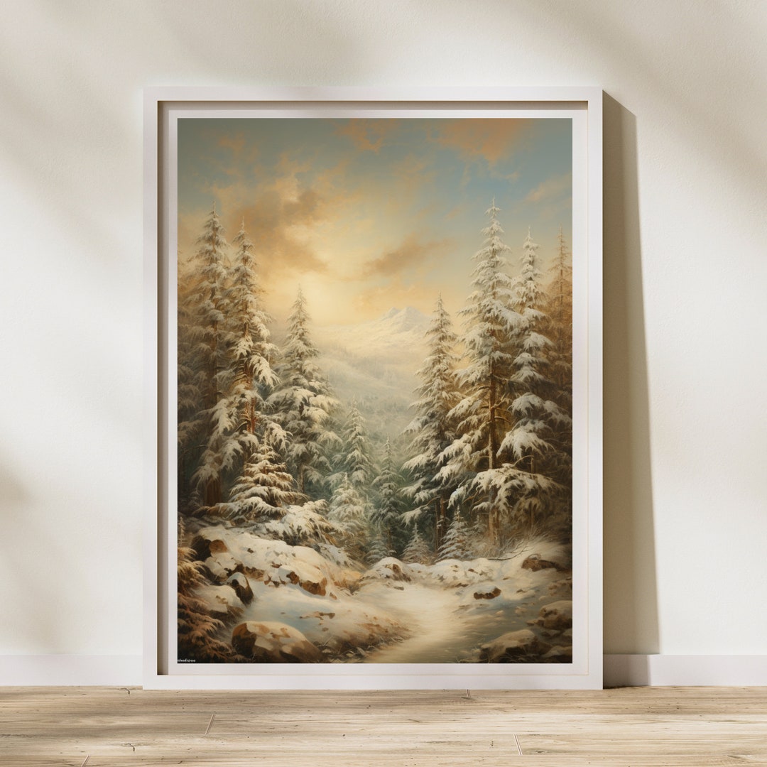 Vintage Pine Trees, Snowscape Art Print, Winter Aesthetic Art ...
