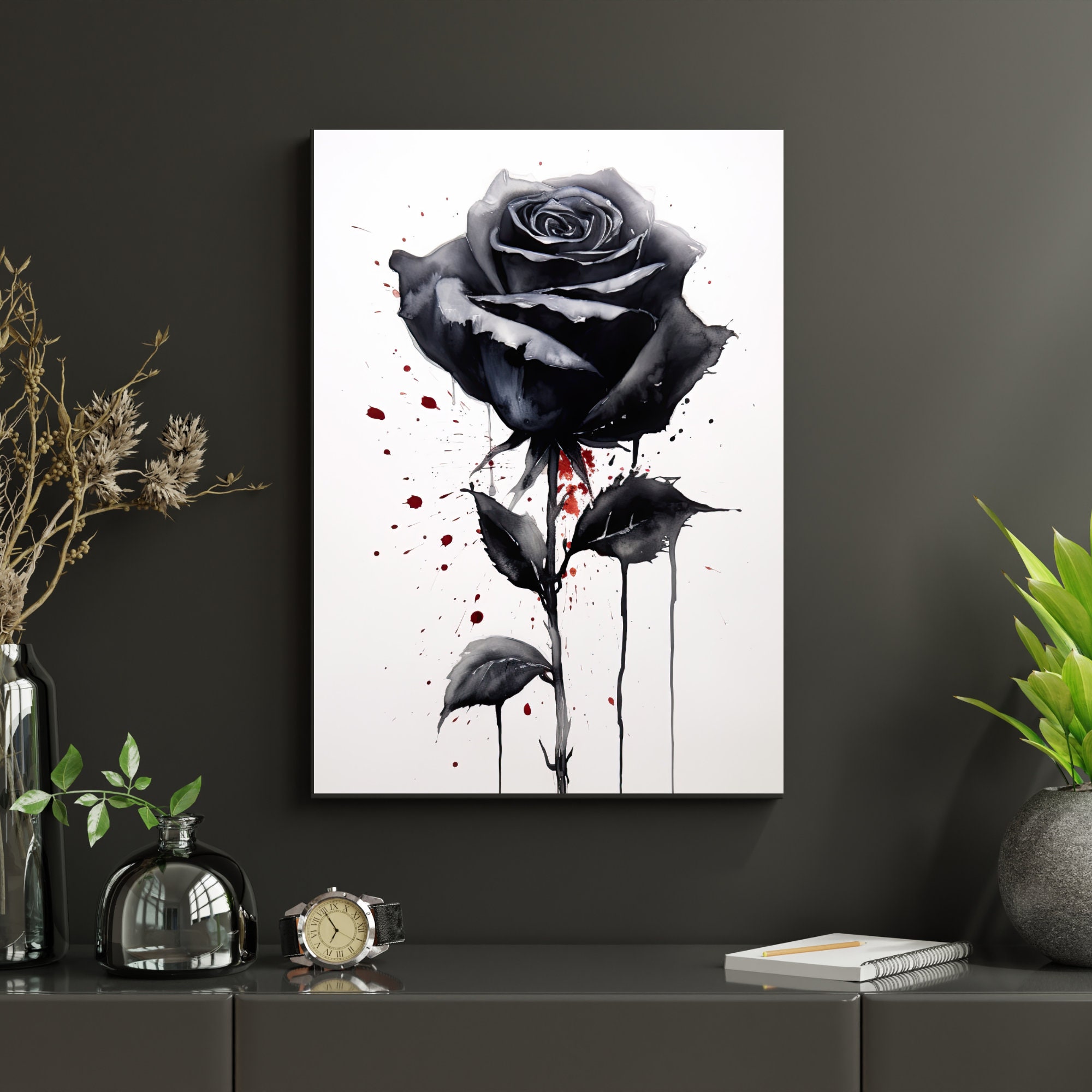 Black Rose Painting, Black and Red Botanical Watercolor Art, Digital ...