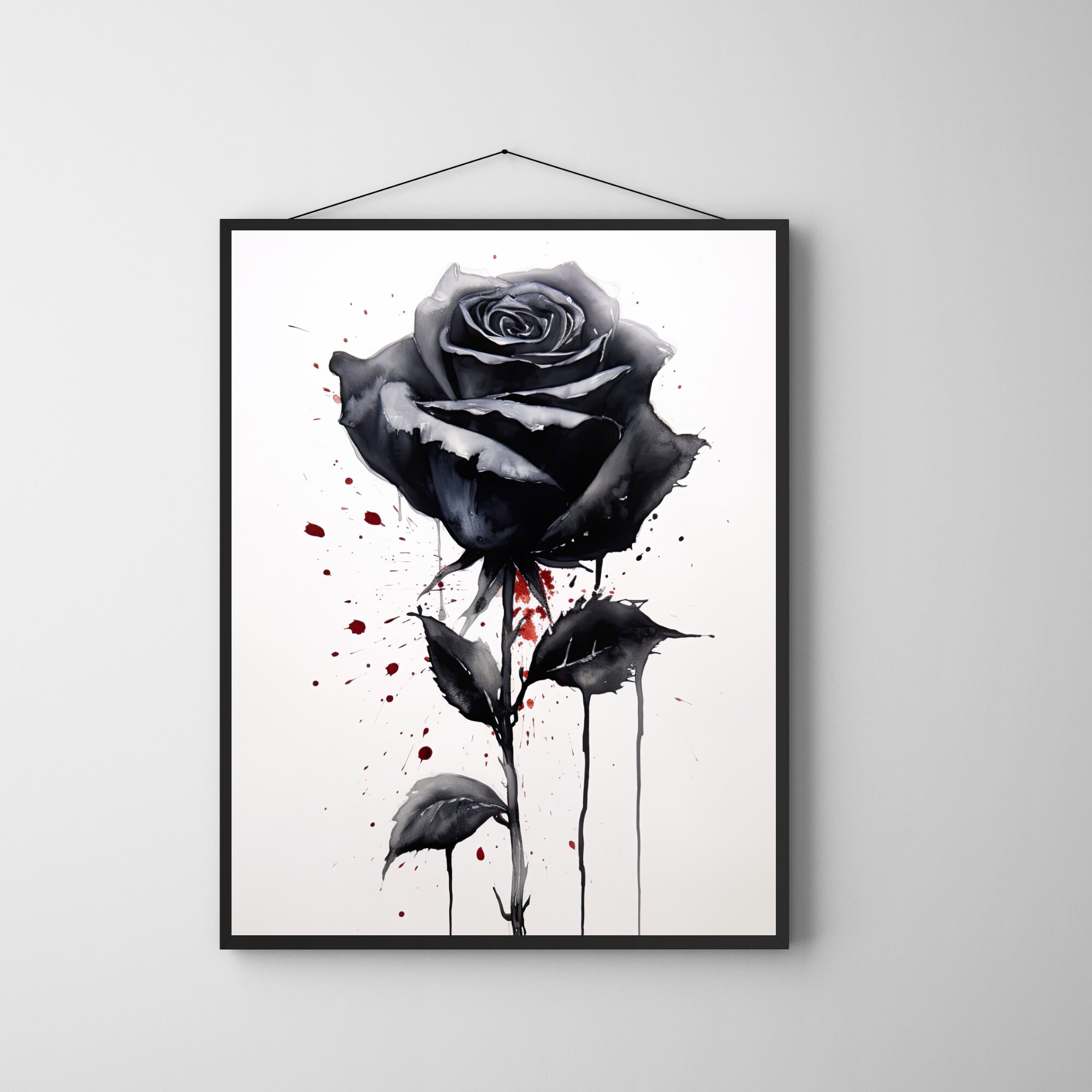 Black Rose Painting, Black and Red Botanical Watercolor Art, Digital ...