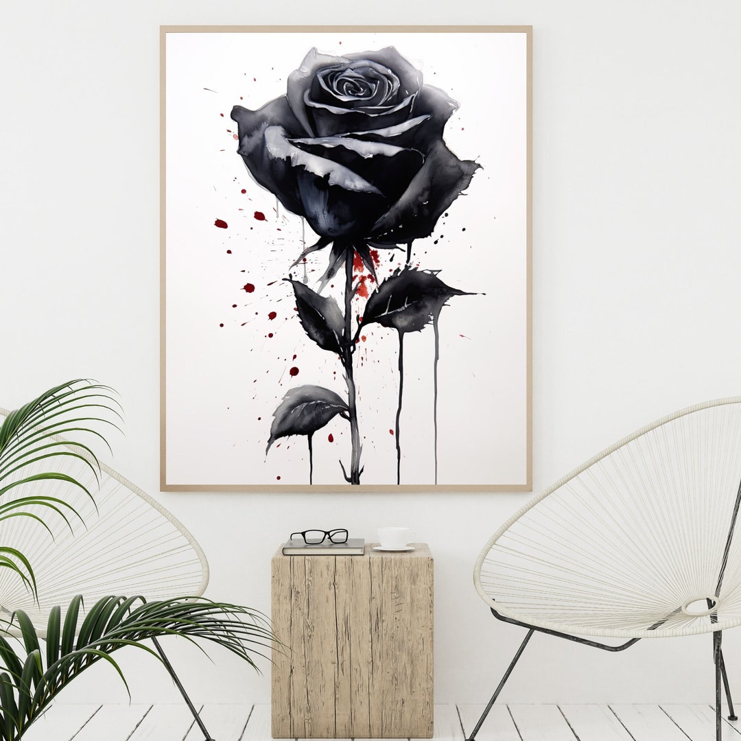 Black Rose Painting Black and Red Botanical Watercolor Art - Etsy