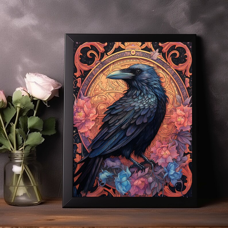 Crow Nouveau, Crow Artwork, Crow Painting, Wall Decor Print, Gothic Art ...