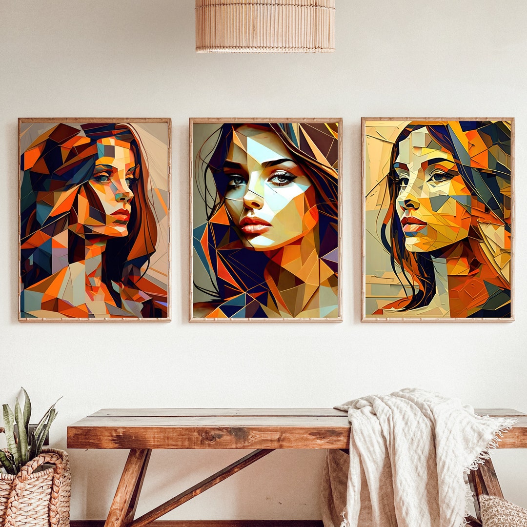 Set of 3 Modern Cubism Beautiful Woman's Face, Digital Wall Art ...