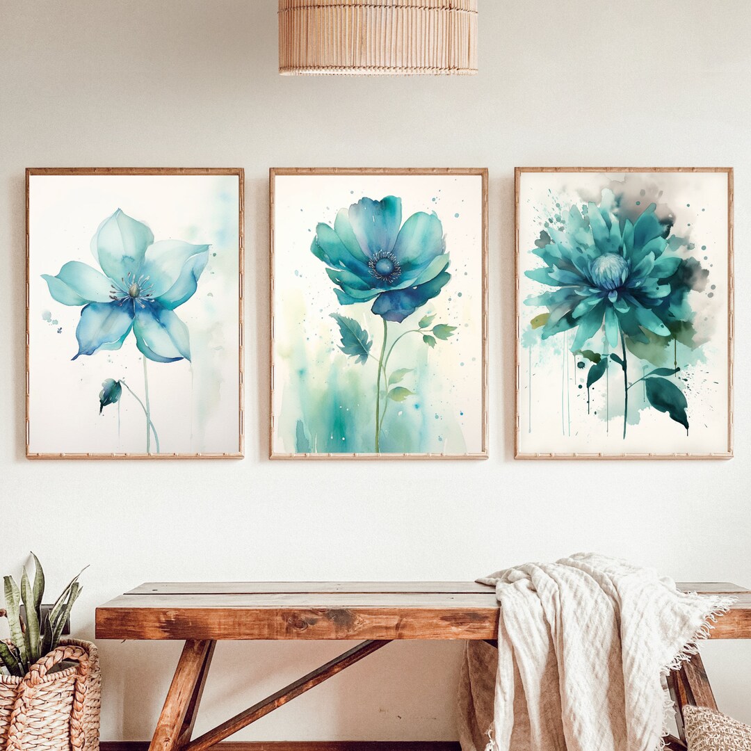 Teal Flower Watercolor Print, Set of 3, Flower Watercolor Art Print ...