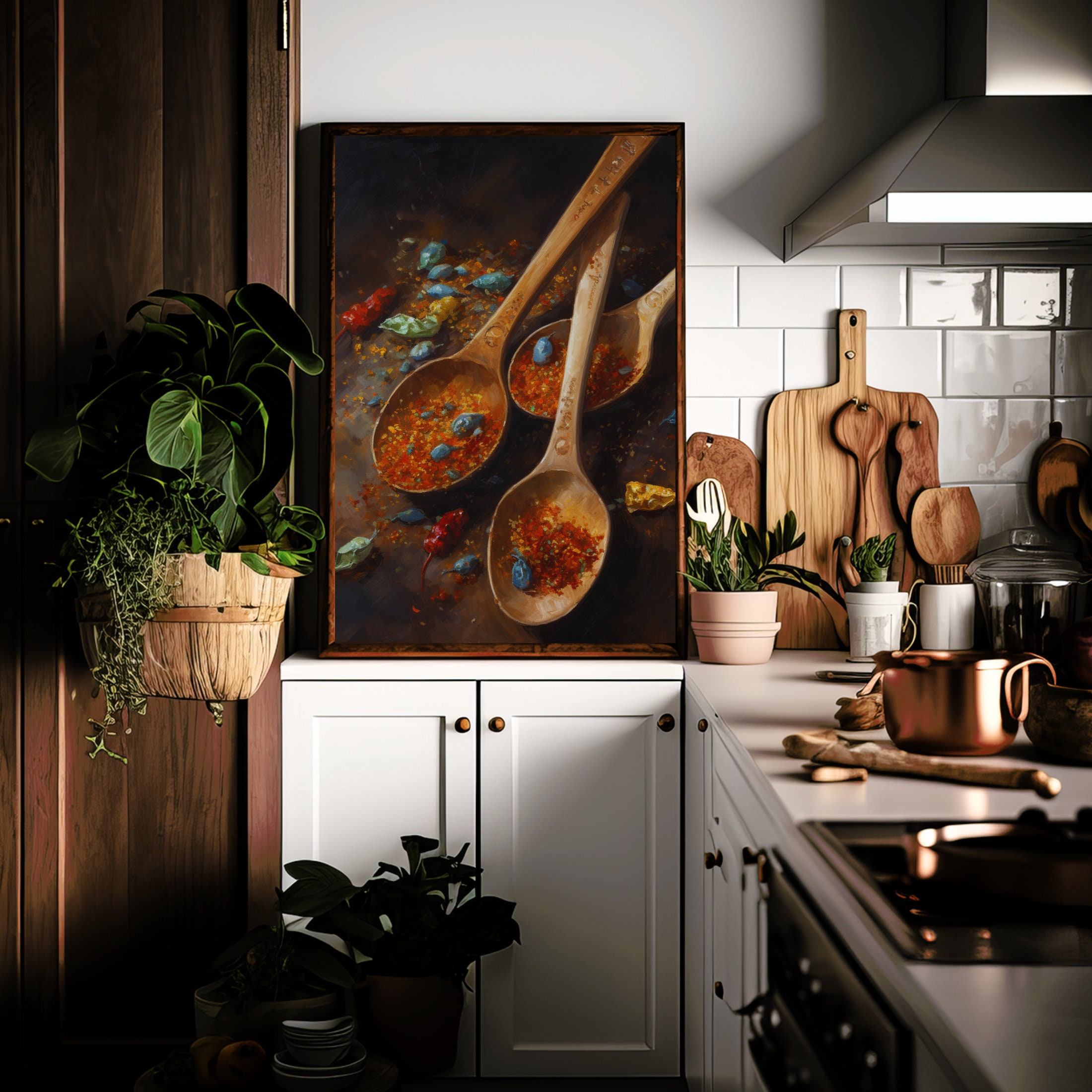 Herbs and Spices Painting for Kitchen, Spices Oil Painting Wall Decor ...
