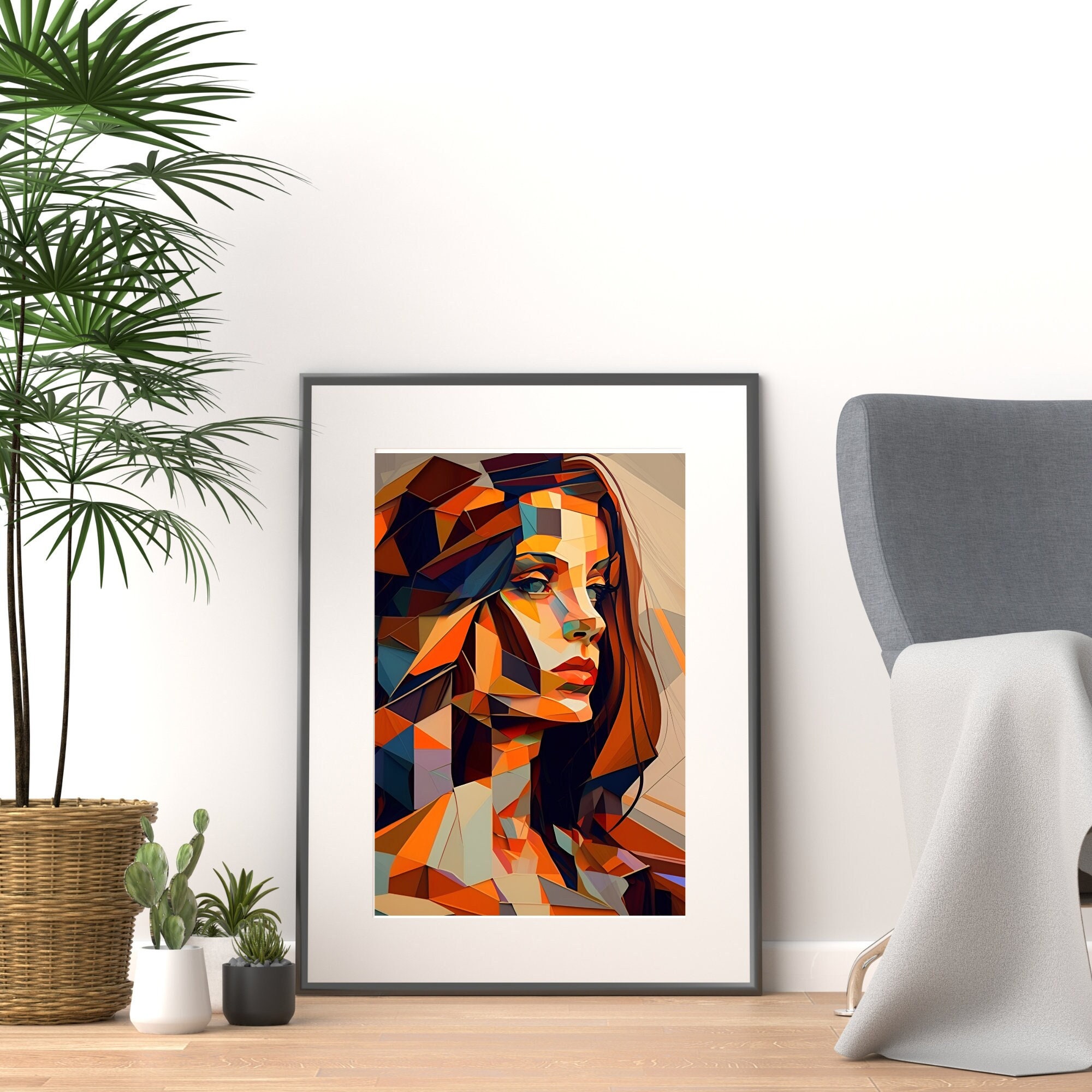 Abstract Cubism Woman's Face Portrait Wall Decor, Digital Download, Red ...