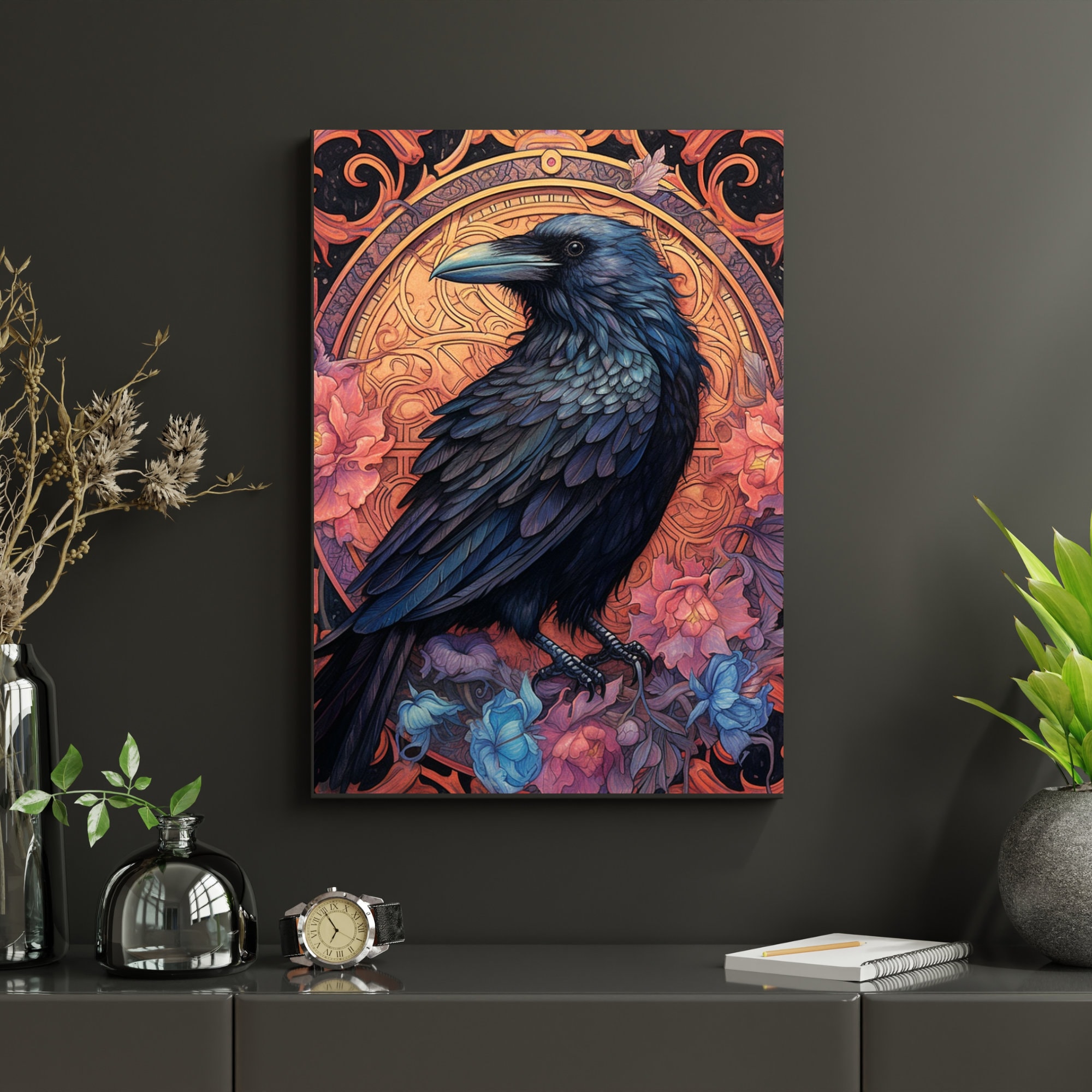 Crow Nouveau, Crow Artwork, Crow Painting, Wall Decor Print, Gothic Art ...