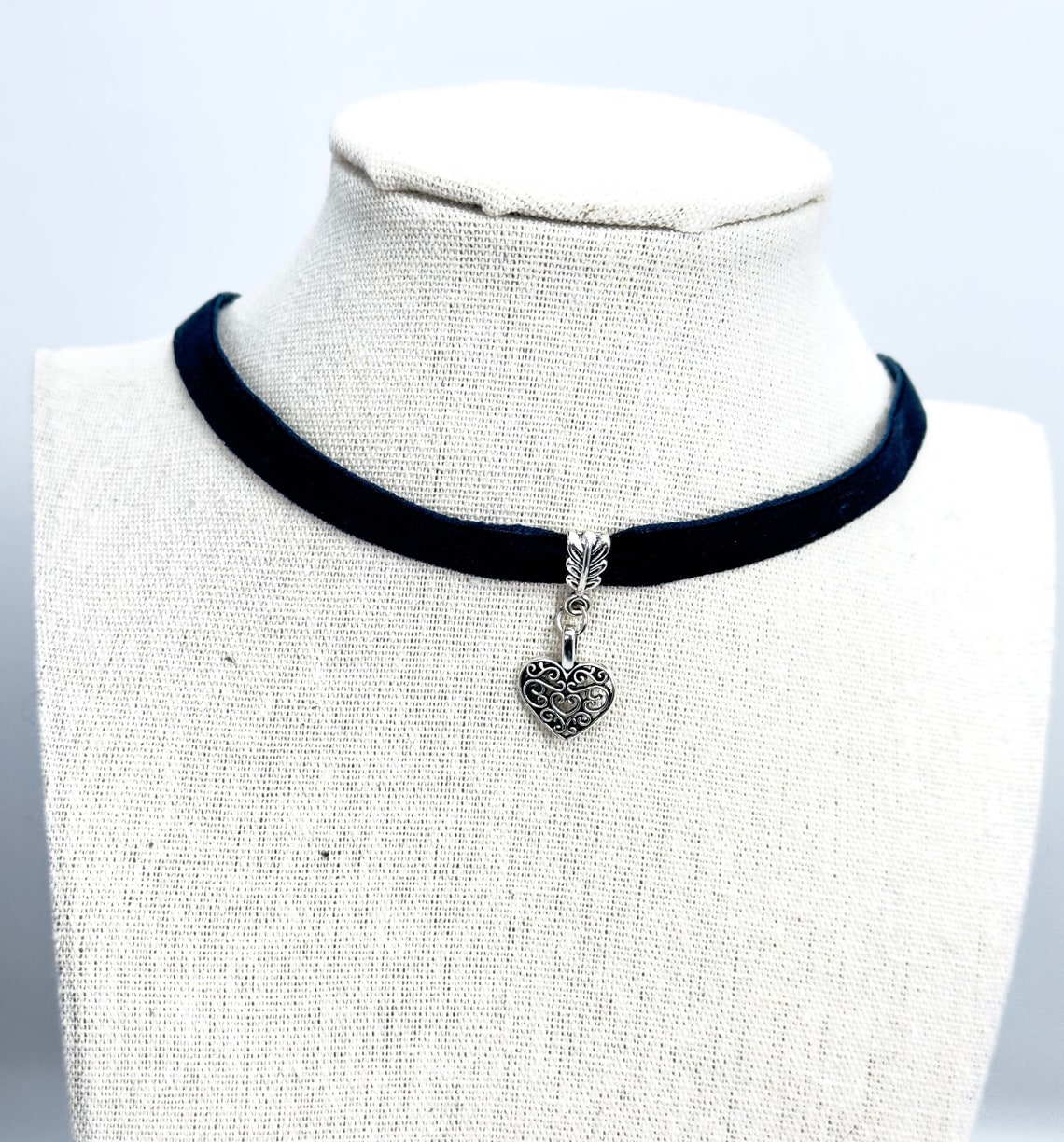 Silver Heart Velvet Choker/navy Blue Velvet Choker/ Antique Heart ...