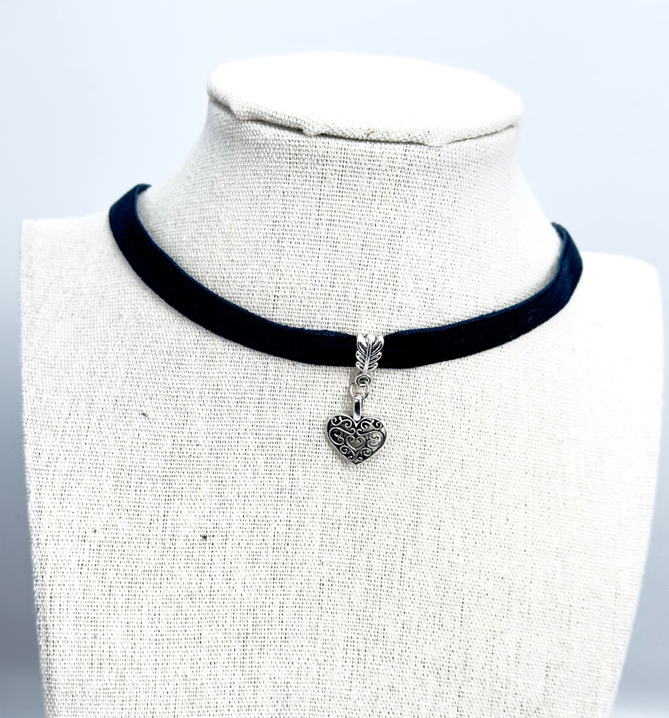 Silver Heart Velvet Choker/navy Blue Velvet Choker/ Antique Heart ...