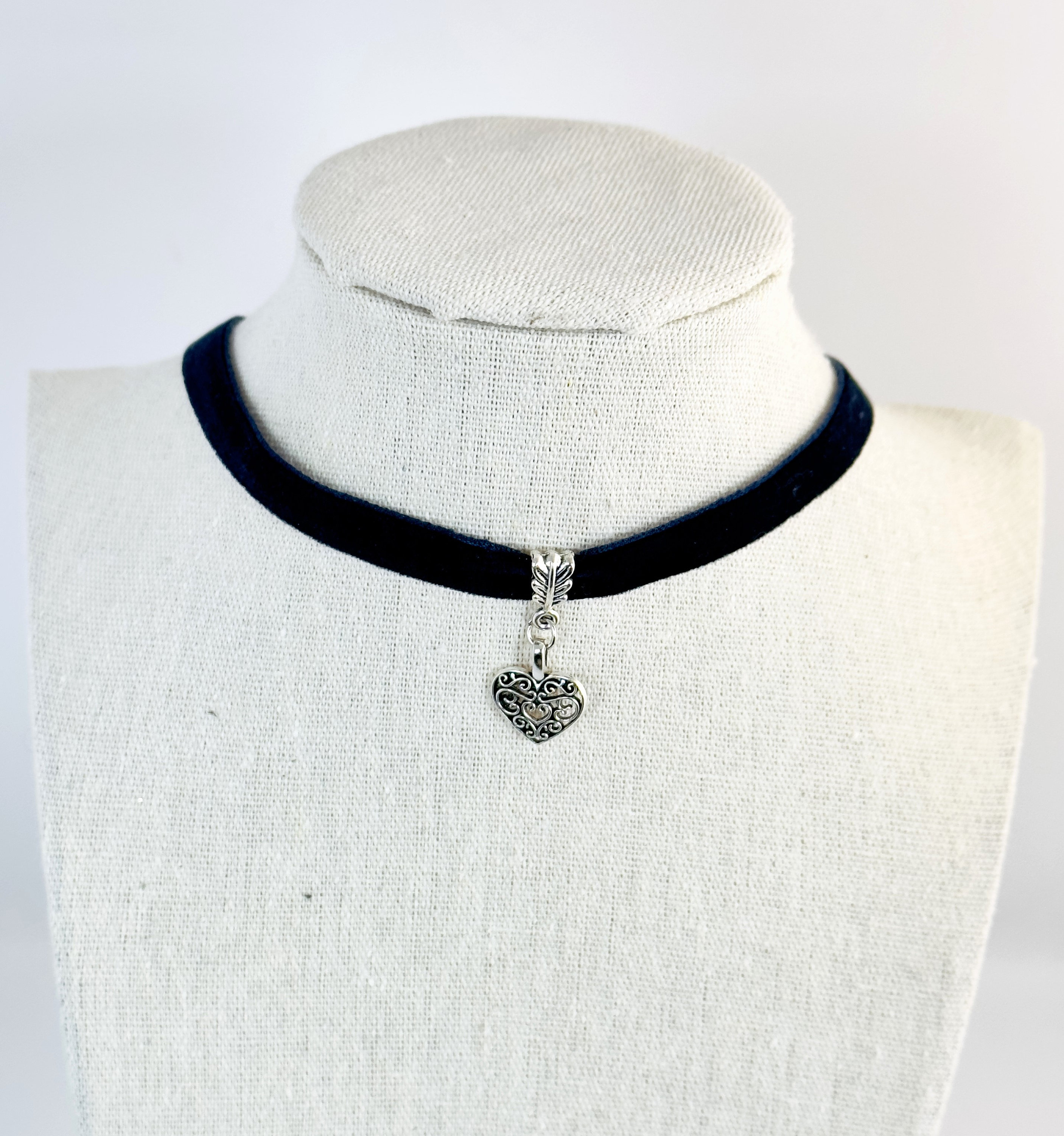 Silver Heart Velvet Choker/navy Blue Velvet Choker/ Antique Heart ...