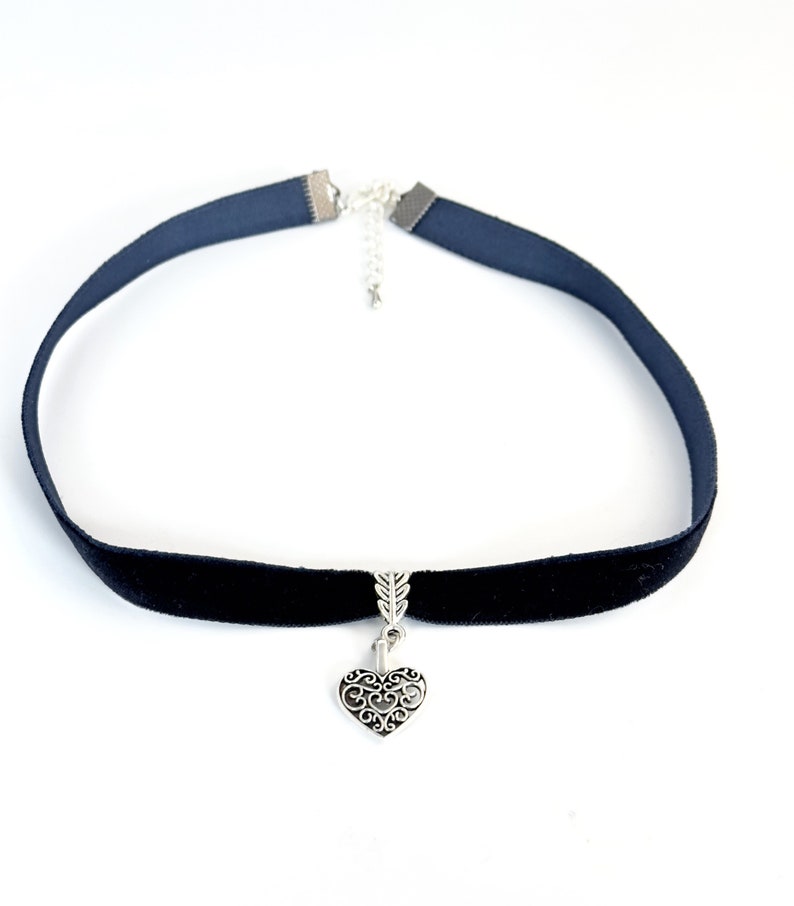 Silver Heart Velvet Choker/navy Blue Velvet Choker/ Antique Heart ...
