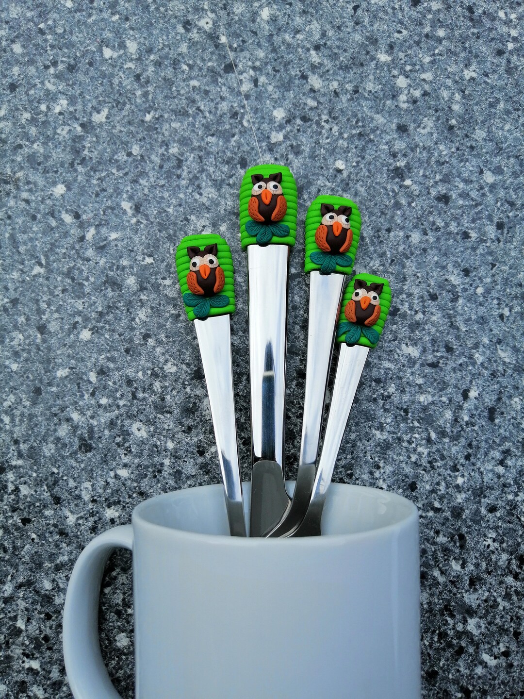 Owl Cutlery Covered With Polymer Clay FIMO. Spoon, Fork, Teaspoon ...