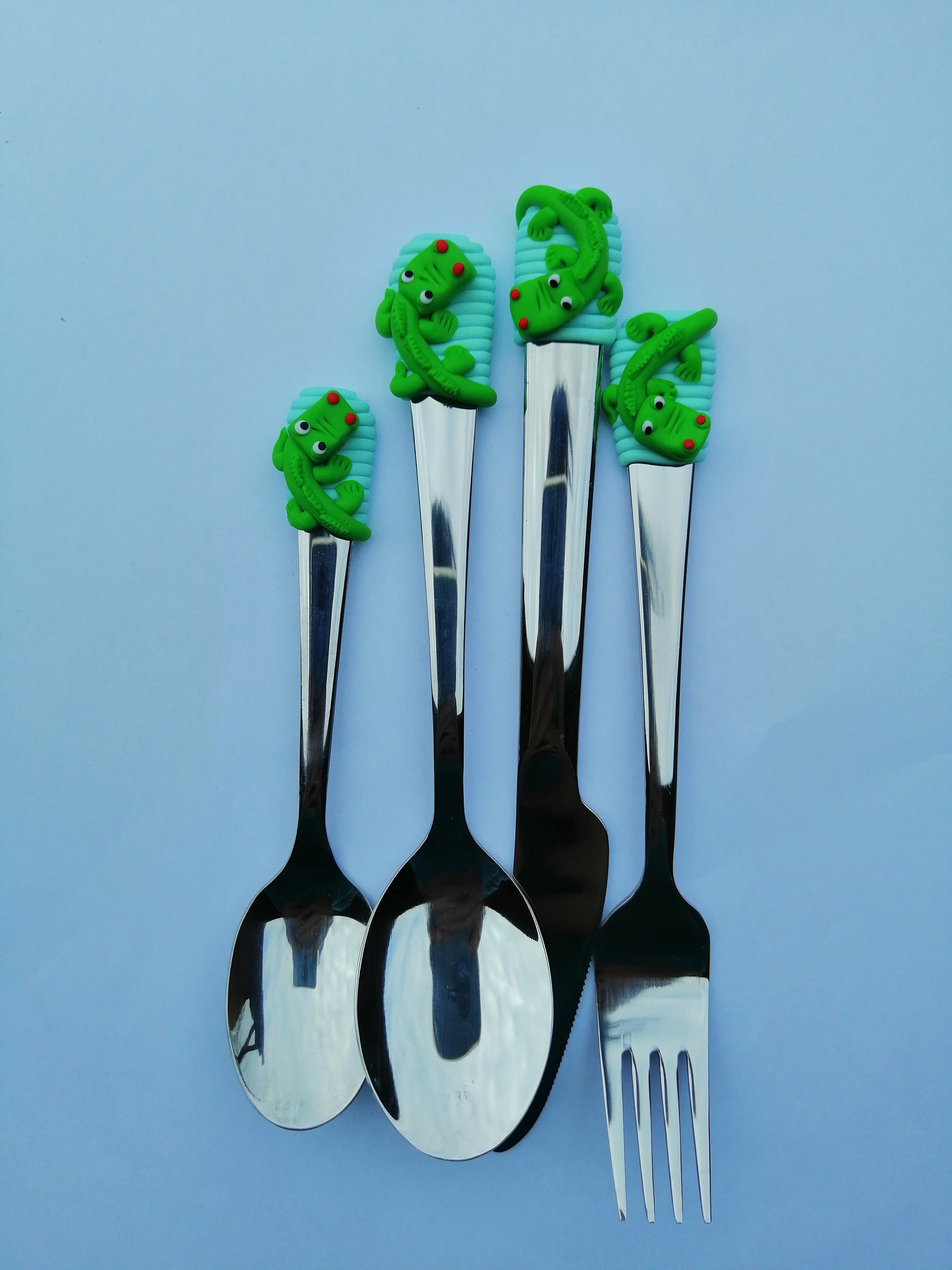 Crocodile Cutlery Covered With Polymer Clay FIMO. Spoon, Fork, Teaspoon ...