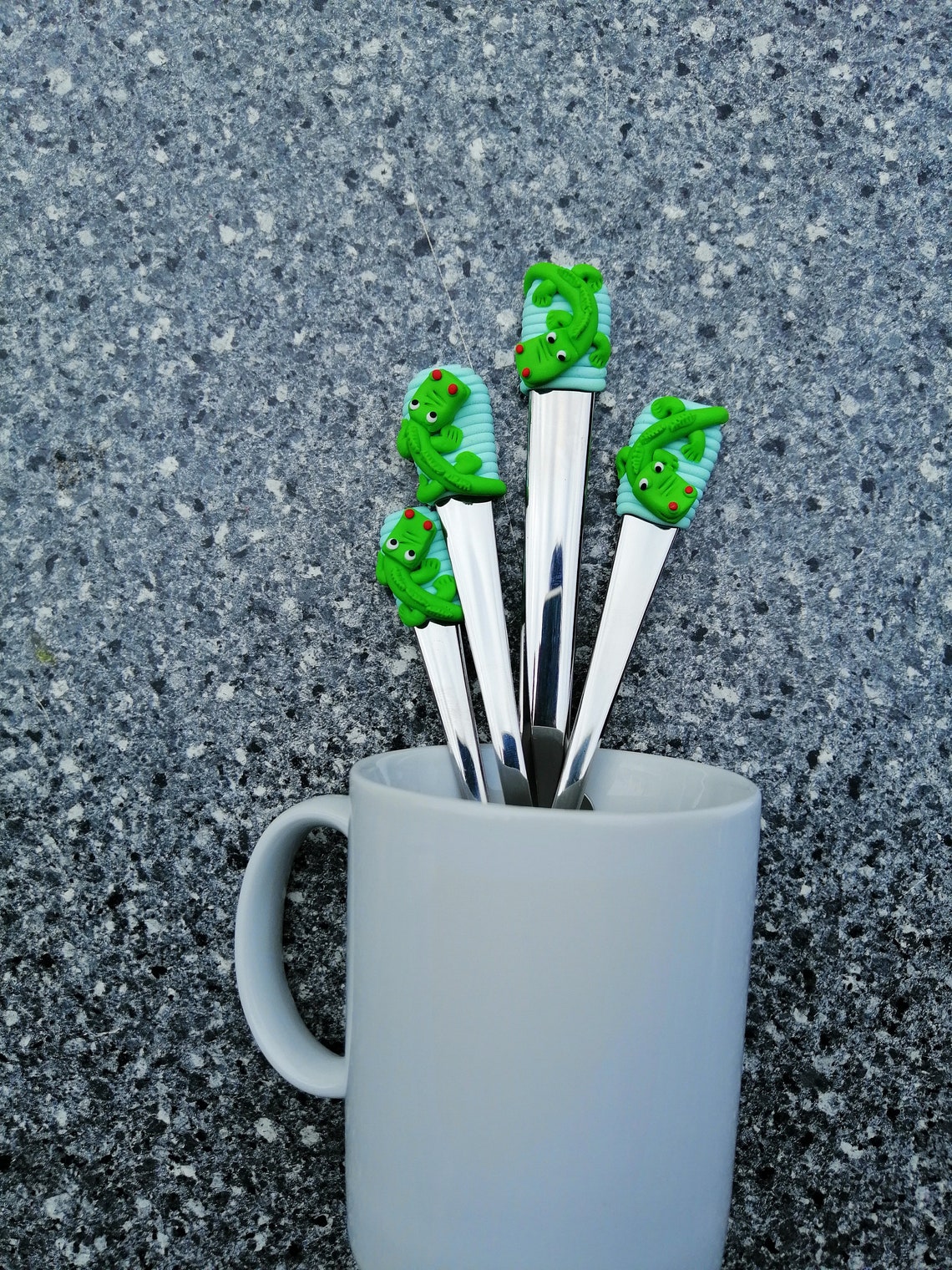 Crocodile Cutlery Covered With Polymer Clay FIMO. Spoon, Fork, Teaspoon ...