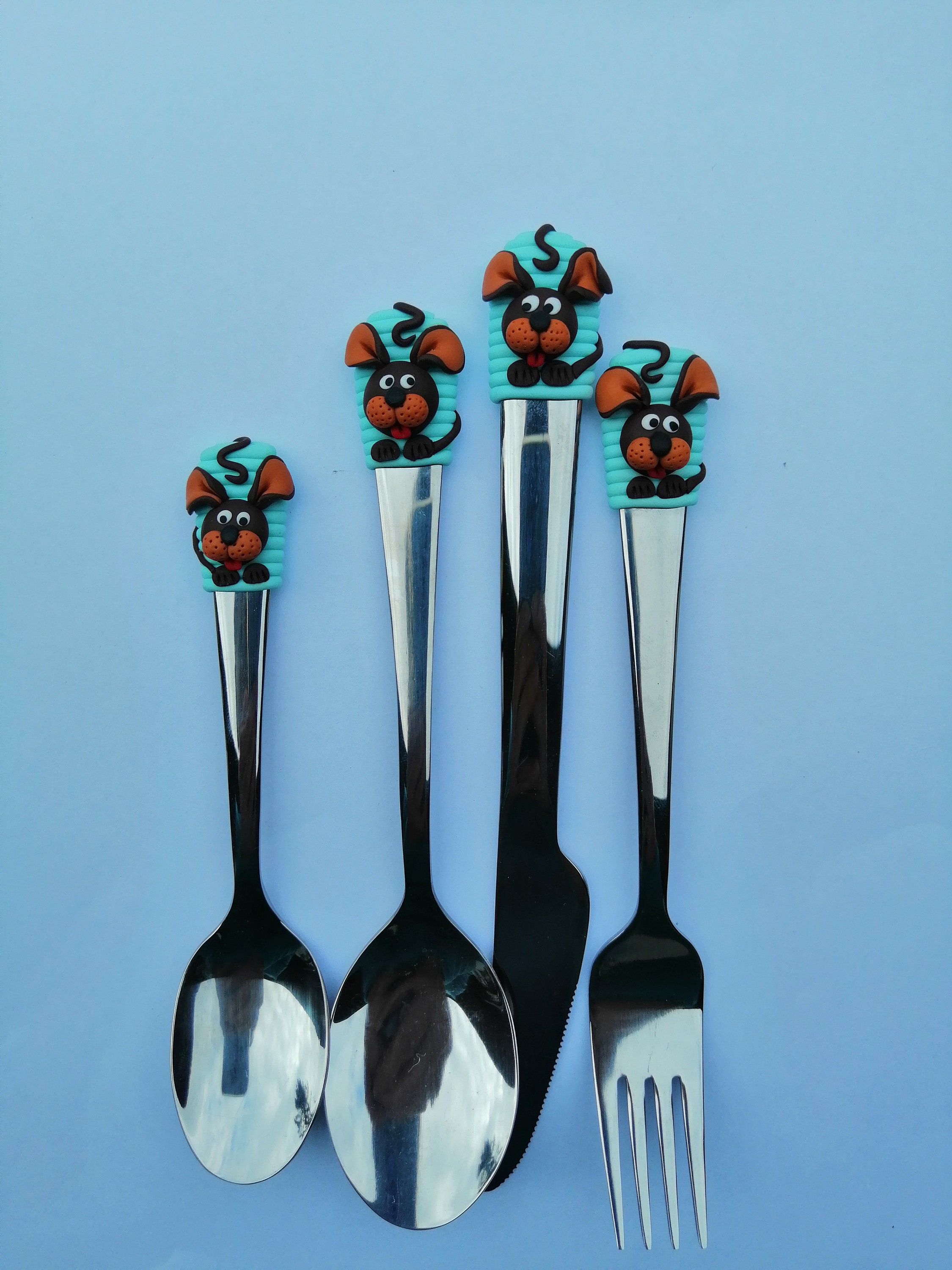 Dog Cutlery Covered With Polymer Clay FIMO. Spoon, Fork, Teaspoon ...
