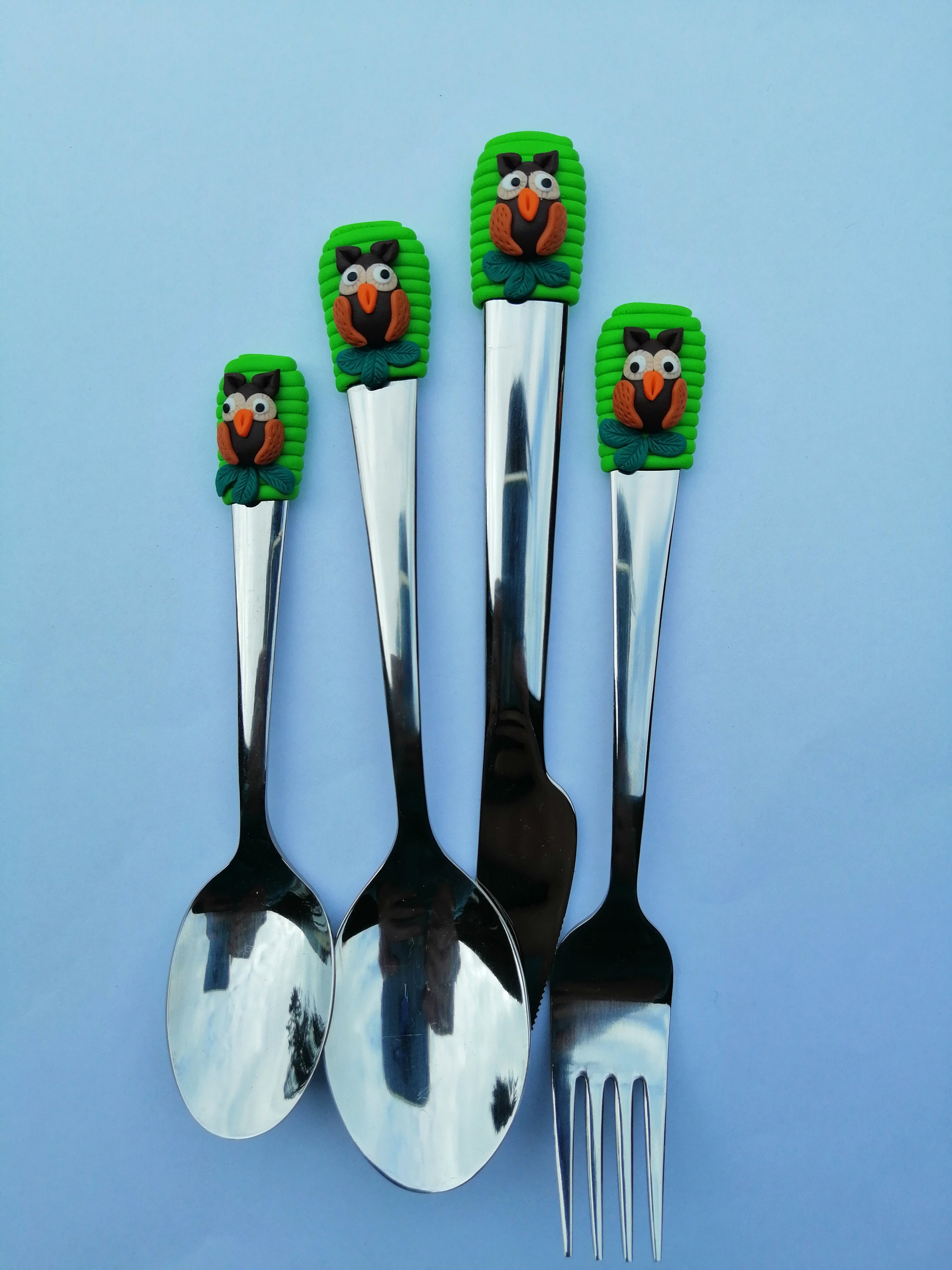 Owl Cutlery Covered With Polymer Clay FIMO. Spoon, Fork, Teaspoon ...