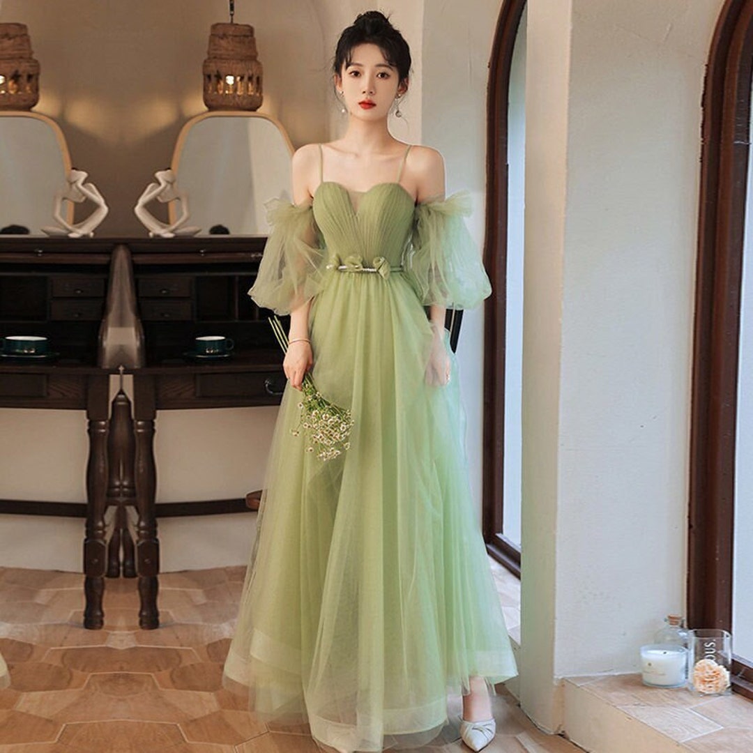 Green Tulle Long Gown With Sleeves Green Prom Long Dress Green ...