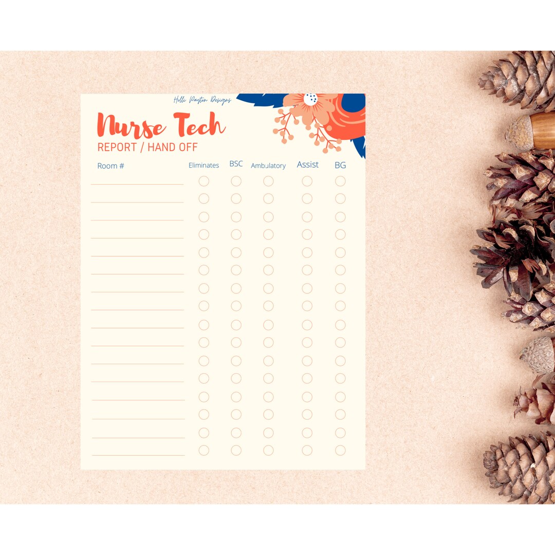 Nurse Tech Handoff Report Checklist Orange and Navy Floral Pattern PDF ...