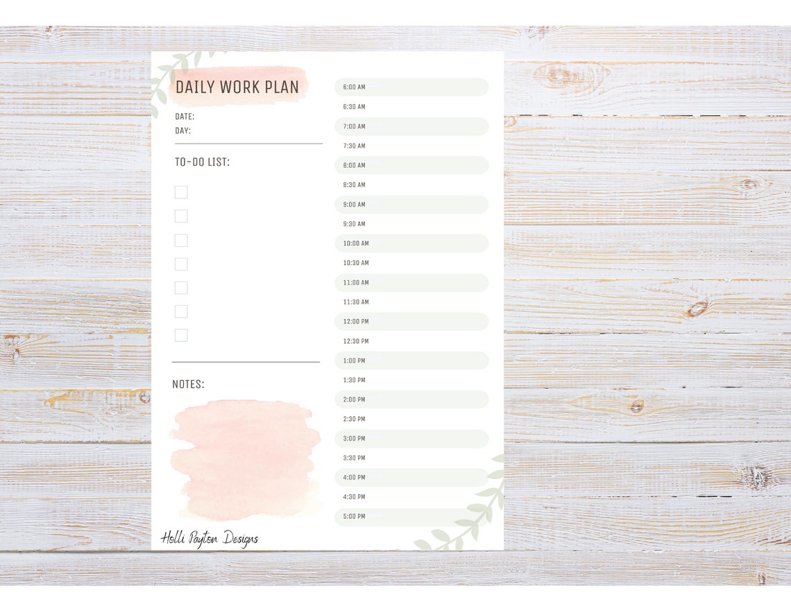 Daily Work Plan With Hourly Spaces to Keep Track of Your Day - Light ...