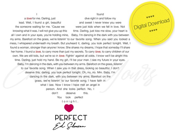 DIGITAL DOWNLOAD Ed Sheeran Perfect Song Lyrics Wall Art Prints Digital ...