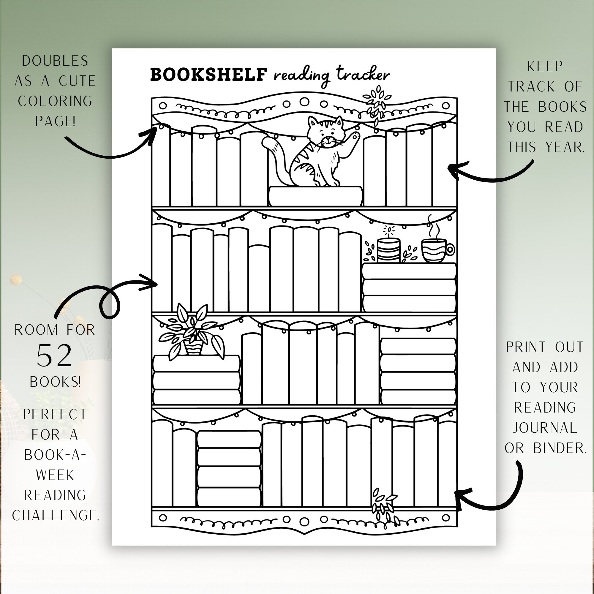 Book Tracker Printable Bookshelf Reading Tracker 52 Books Monthly ...