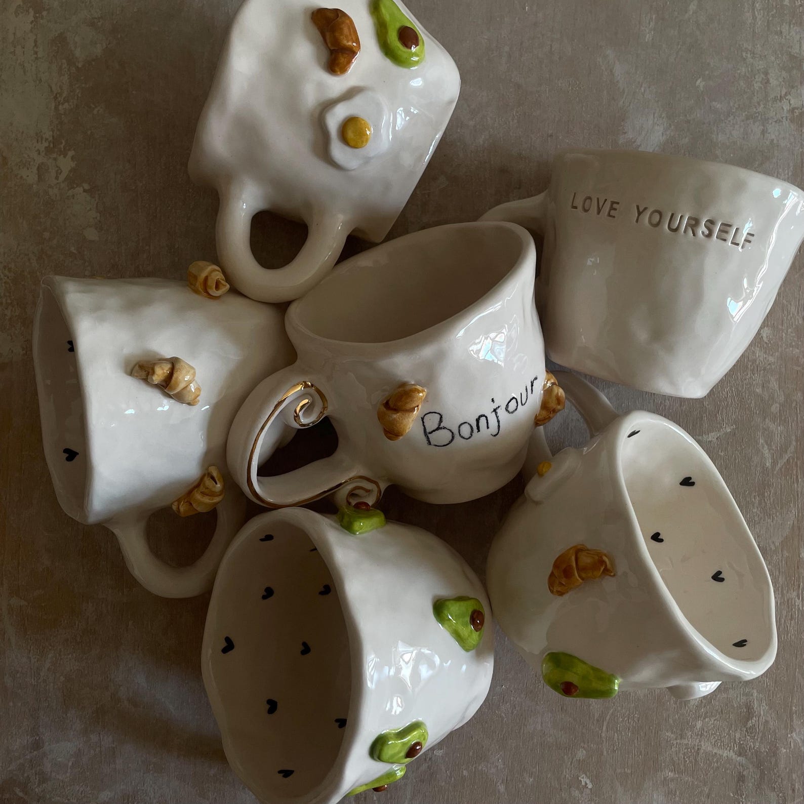 Croissant Mug: Unique Pottery Handmade Ceramic Cup With Black Hearts - Etsy