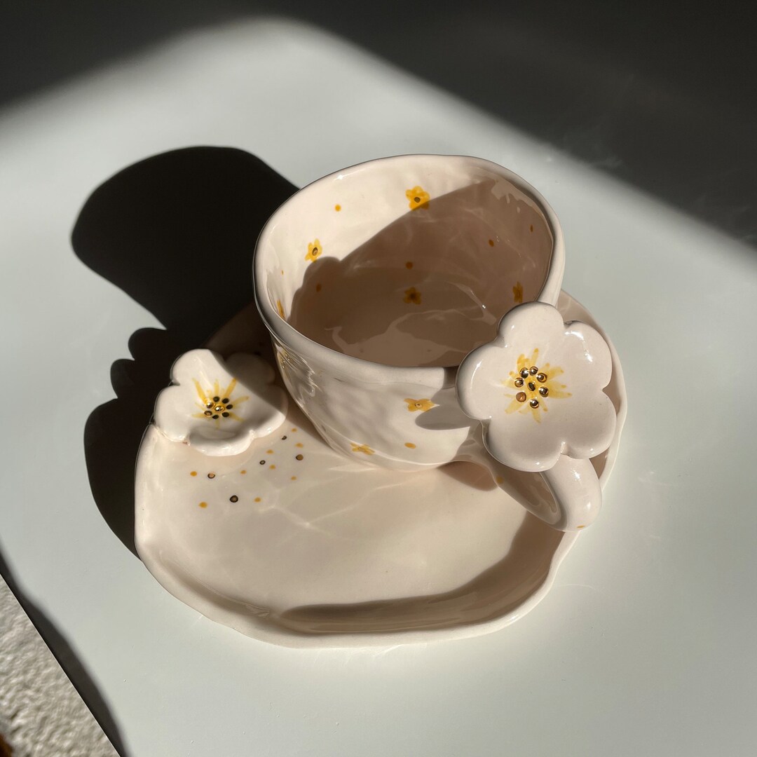 Handmade Ceramic Yellow Daisy Pottery Mug With Daisy on Handle, Spring ...