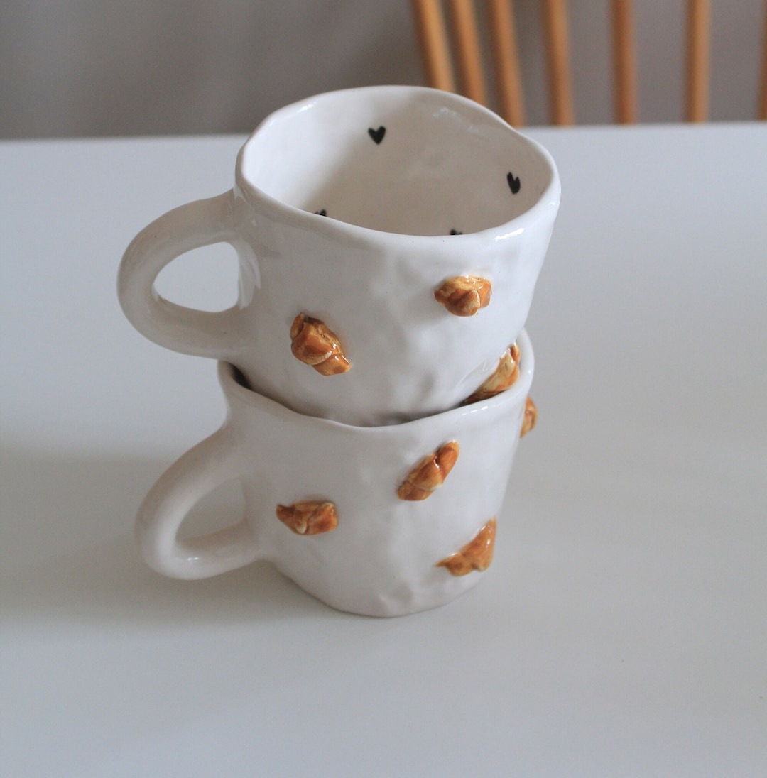 Handmade Ceramic Croissant Mug: Unique Pottery With Black Hearts - Etsy
