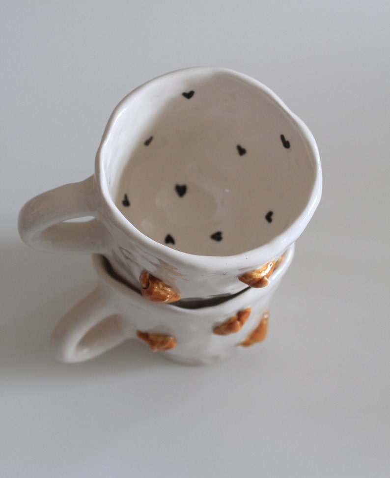 Croissant Mug: Unique Pottery Handmade Ceramic Cup With Black Hearts - Etsy