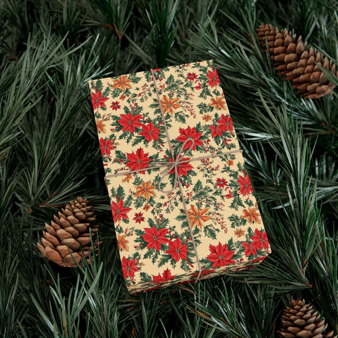 Festive Poinsettia and Holly Christmas Wrapping Paper, Classic Holiday ...