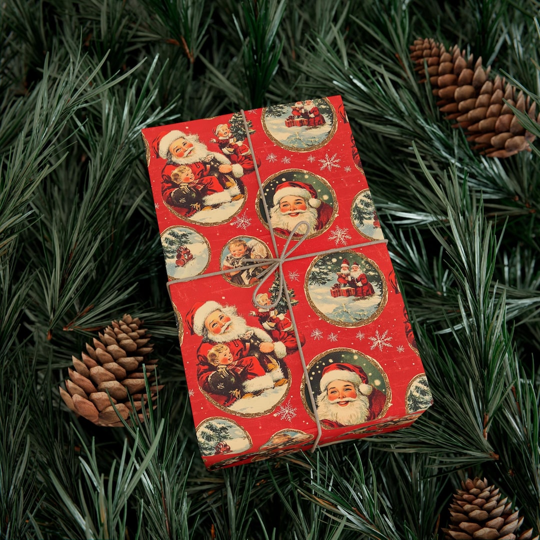 Vintage Santa Claus Christmas Wrapping Paper, Holiday Gift Wrap With ...