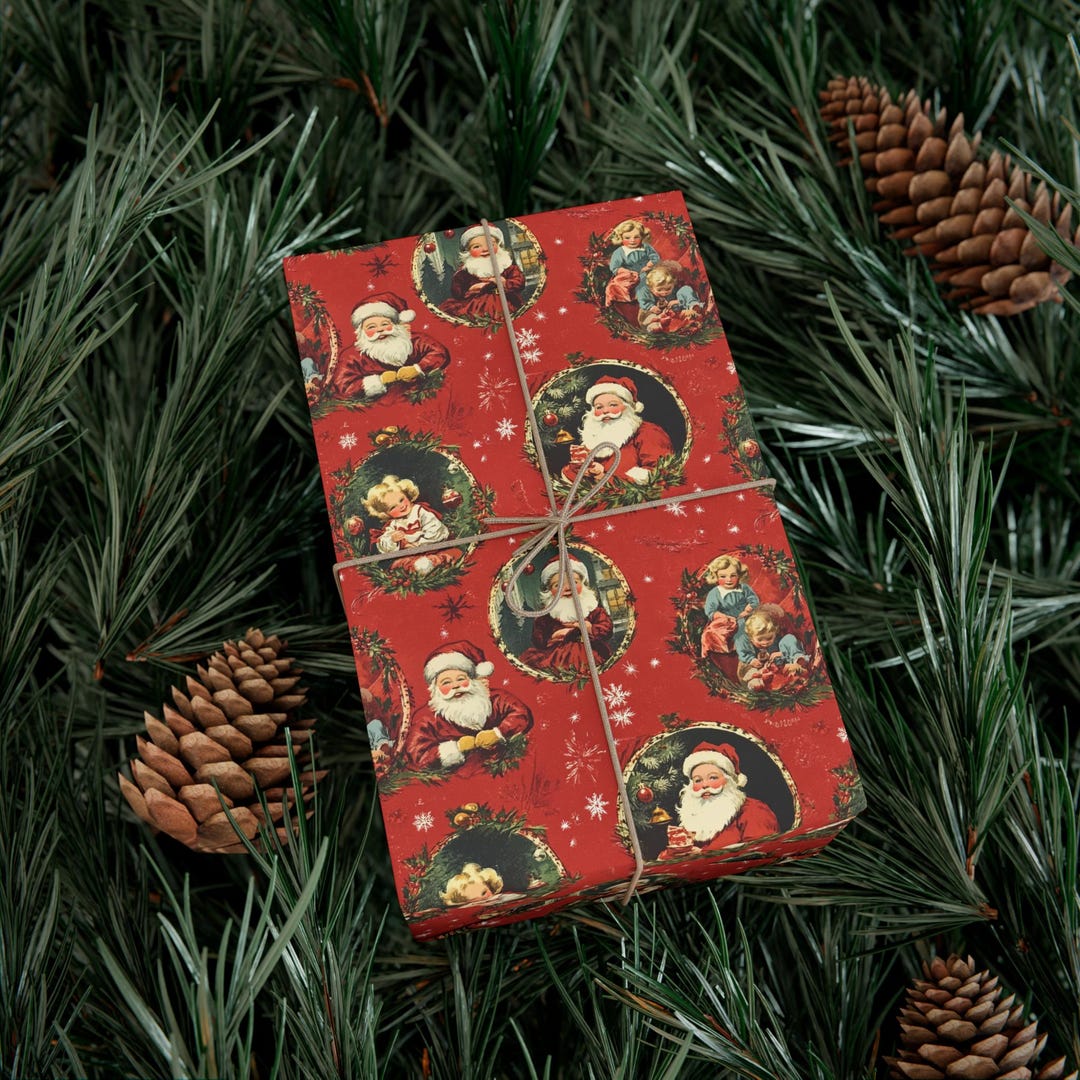 Vintage Santa Claus Christmas Wrapping Paper, Holiday Gift Wrap With ...