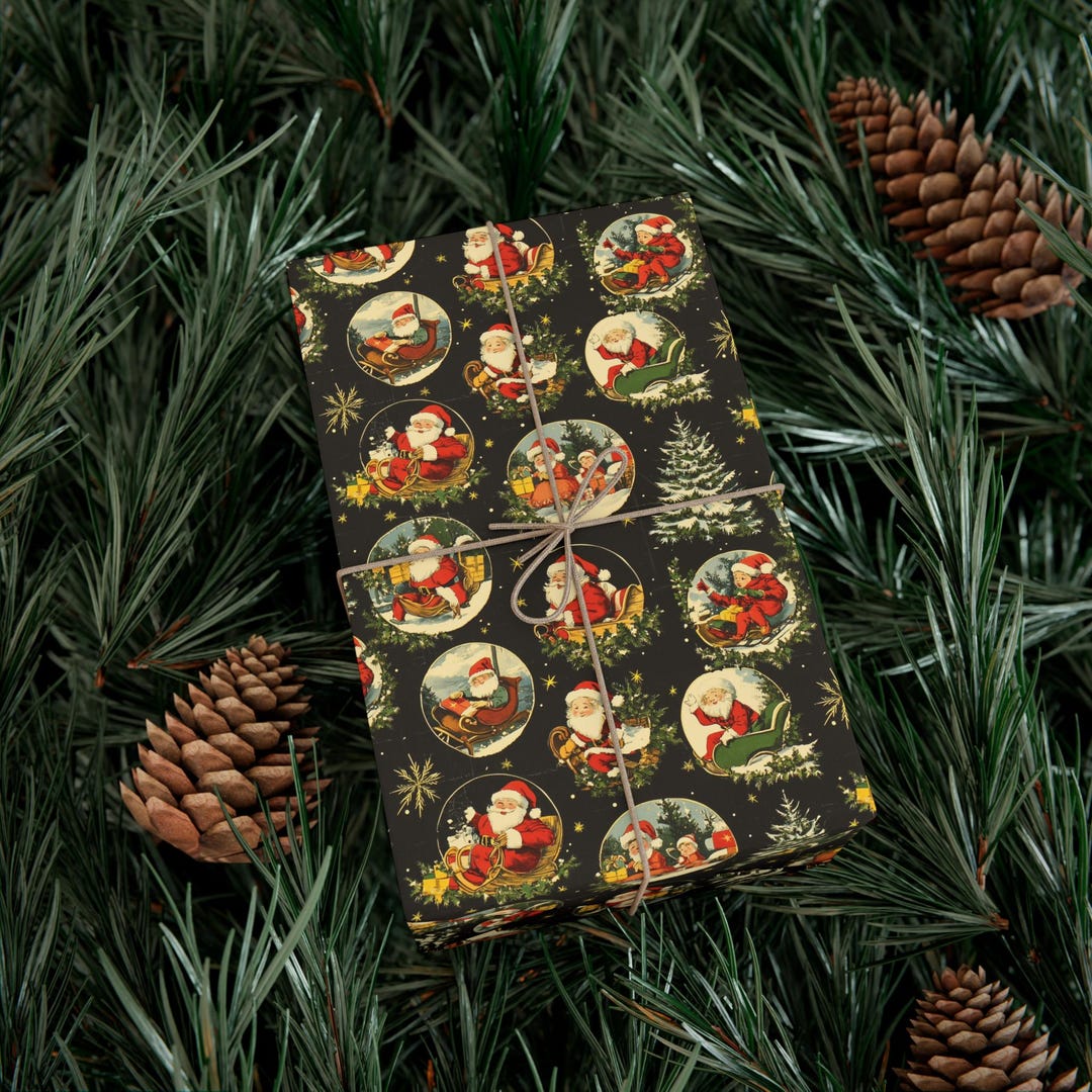 Vintage Santa Claus Christmas Wrapping Paper, Holiday Gift Wrap With ...