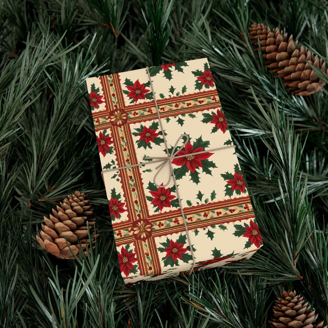 Festive Poinsettia and Holly Christmas Wrapping Paper, Classic Holiday ...