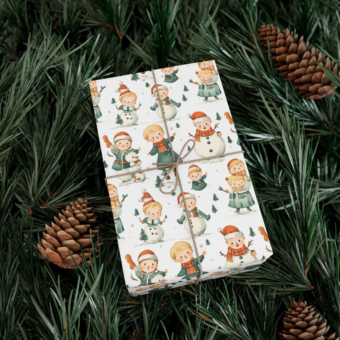Vintage Santa and Snowman Wrapping Paper, Retro Christmas Gift Wrap ...