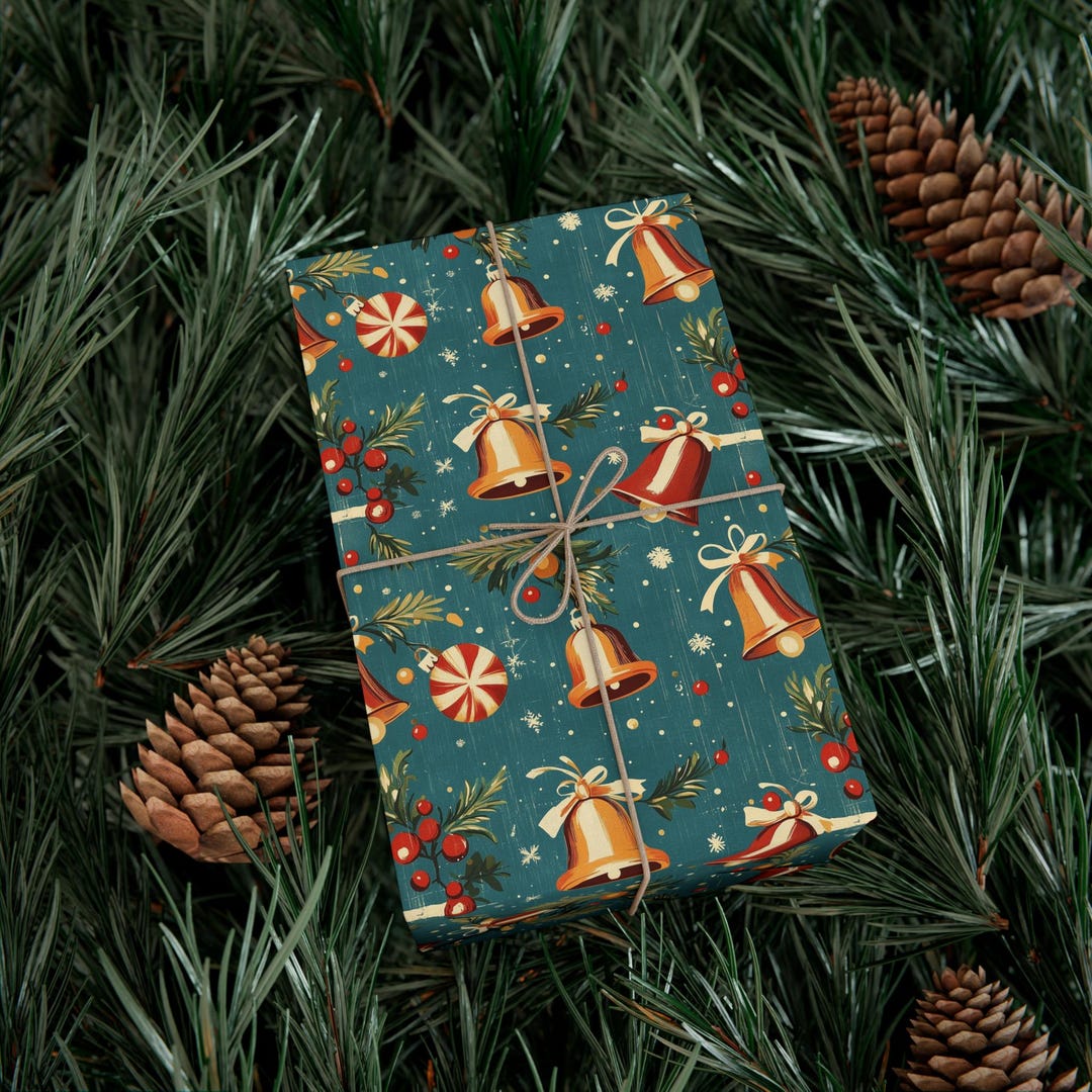 Vintage Christmas Bells Wrapping Paper, Retro Holiday Gift Wrap With ...