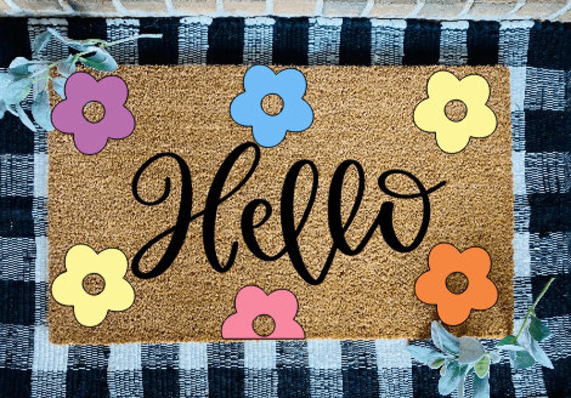 Hello Retro Flowers Door Mat Spring Welcome Rug Spring - Etsy